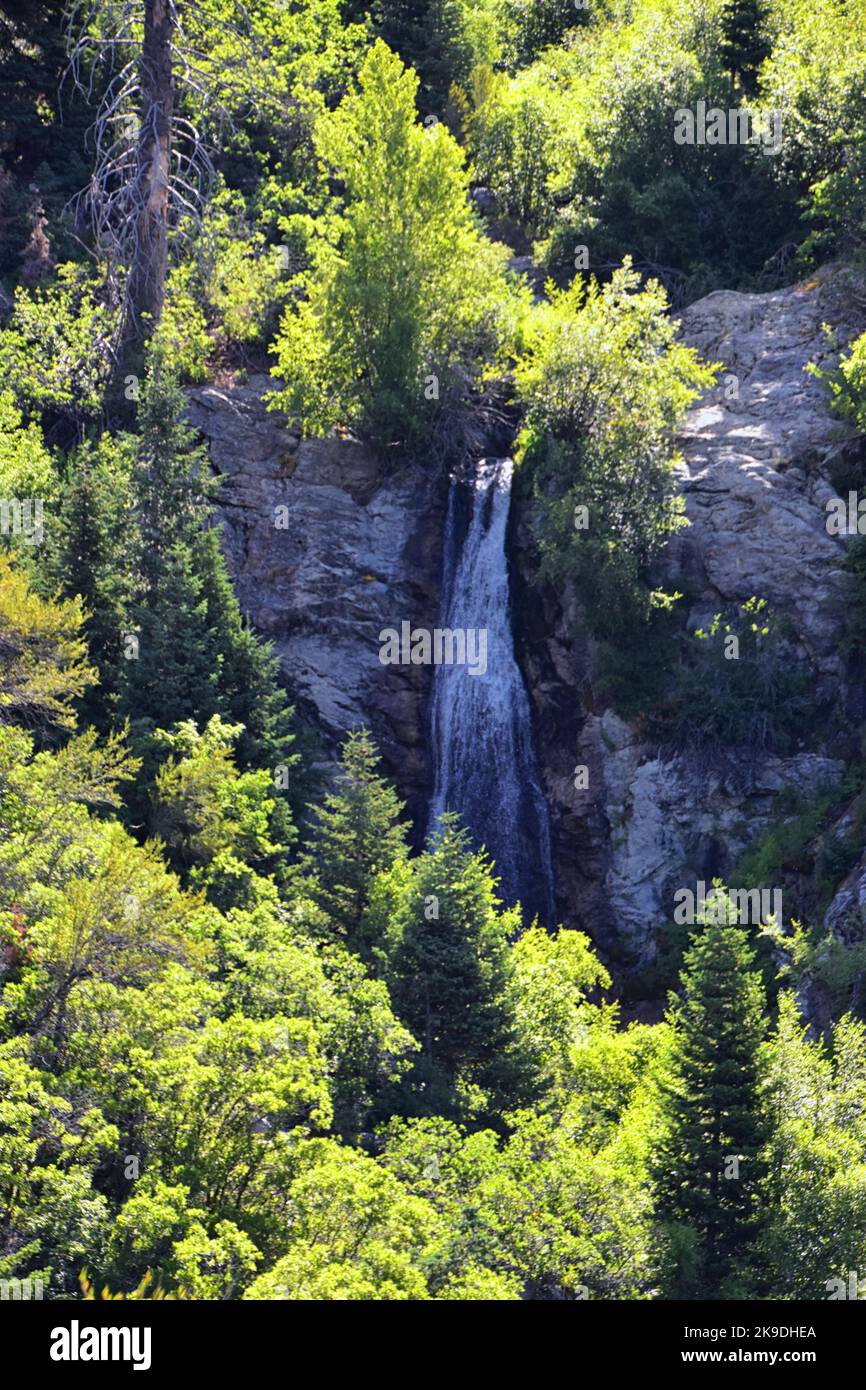 Horsetail Falls cascade down the cliffs in Lone Peak Wilderness along ...