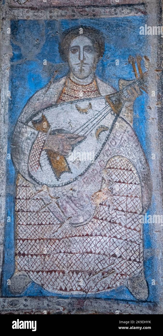 8th century frsco seated lute player Qusayr Amra desert castles Jordan ...
