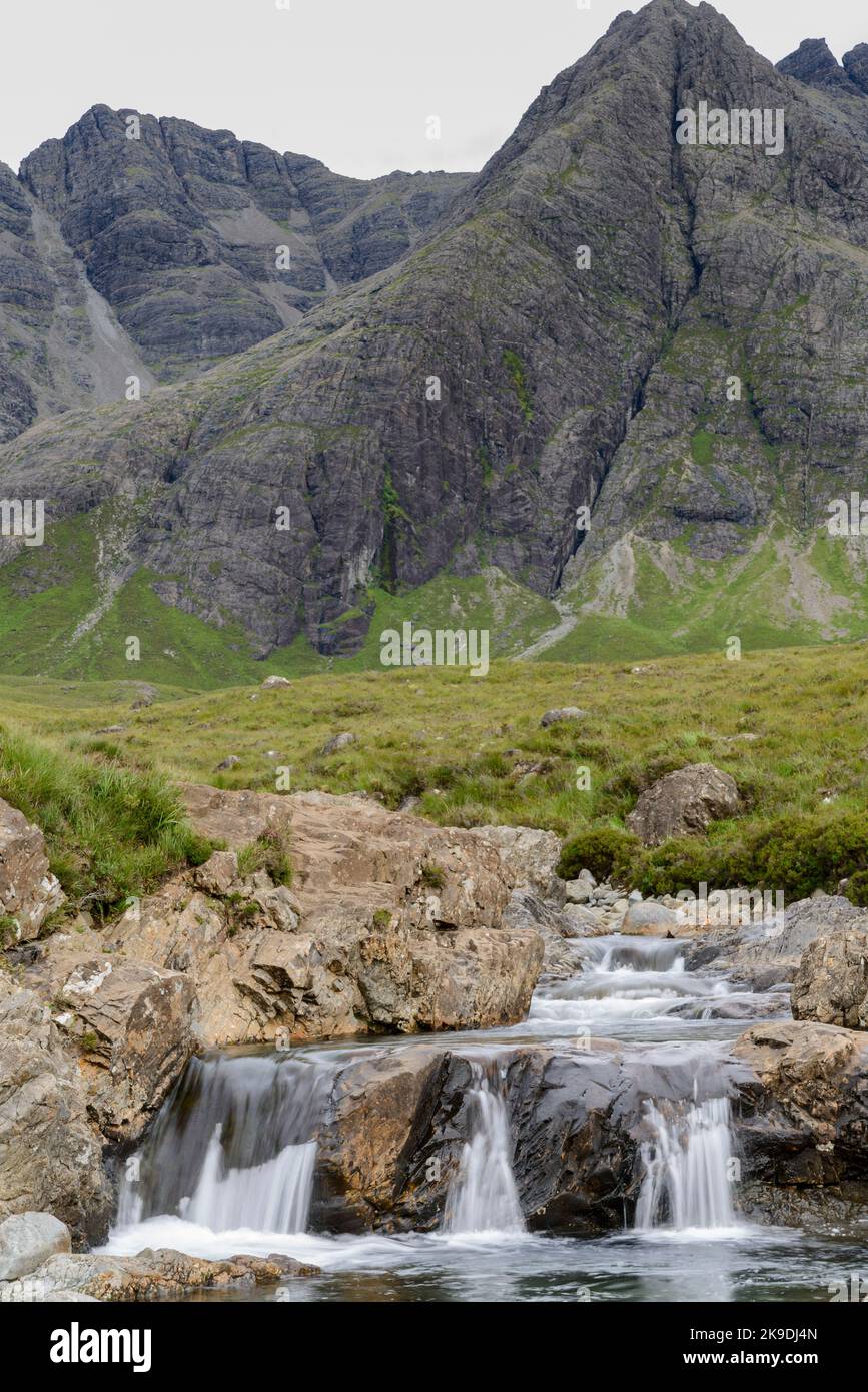 Long line of waterfalls and rocky mountain pools at the foot of the ...