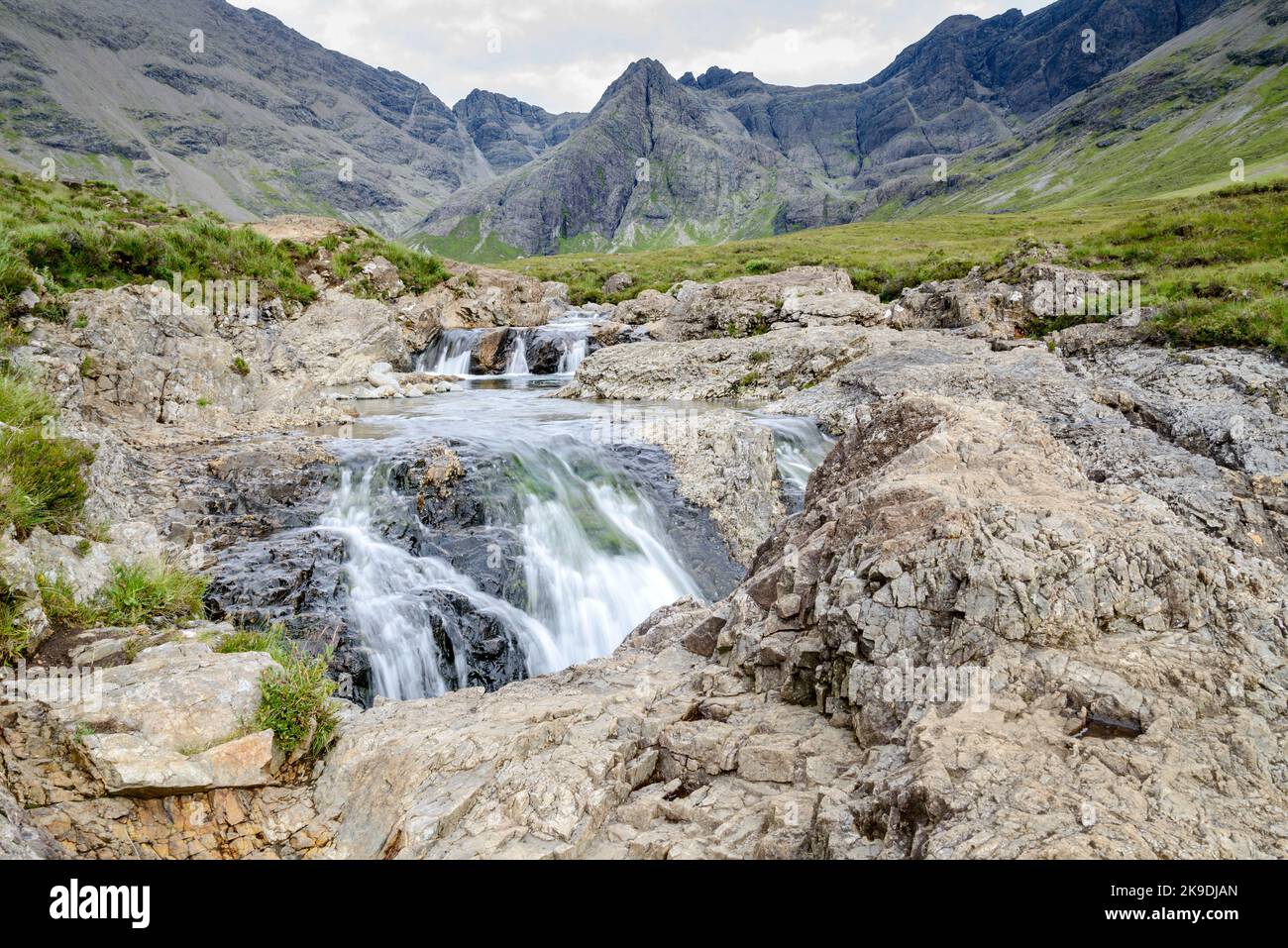 Long line of waterfalls and rocky mountain pools at the foot of the ...