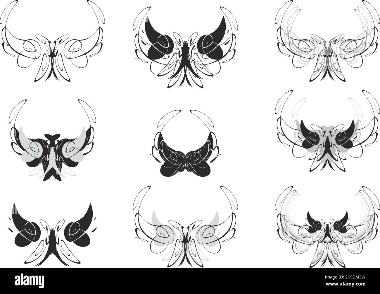 Linear butterfly collection in black-gray key isolated on a white ...