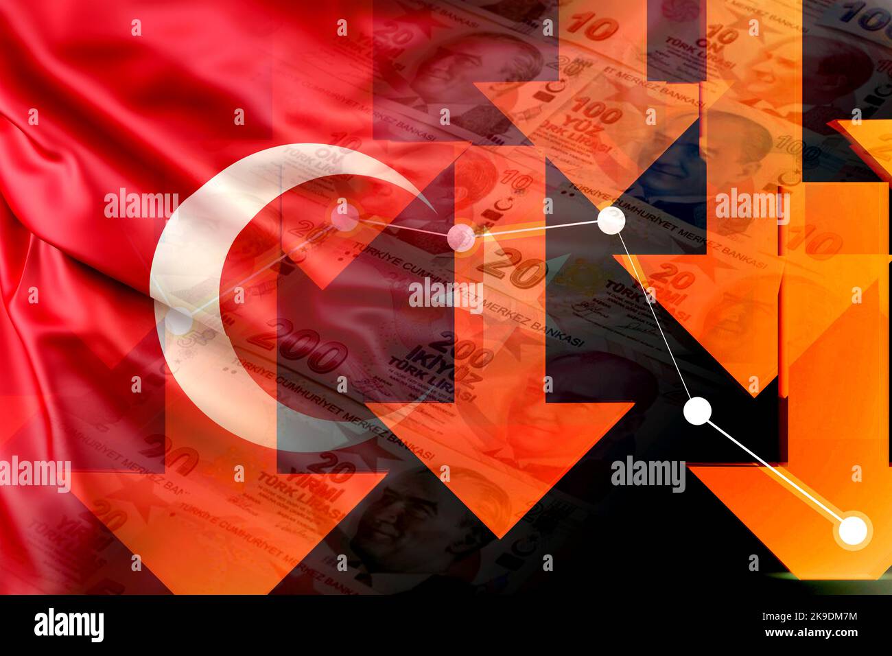 Economy Graph - Down Arrows, Turkey Flag and Turkish Lira Cash ...