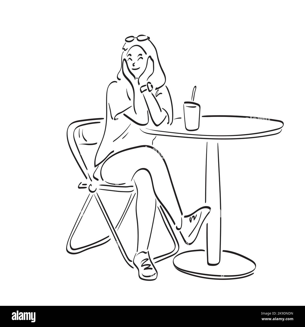line art woman sitting at coffee shop with takeaway coffee illustration ...