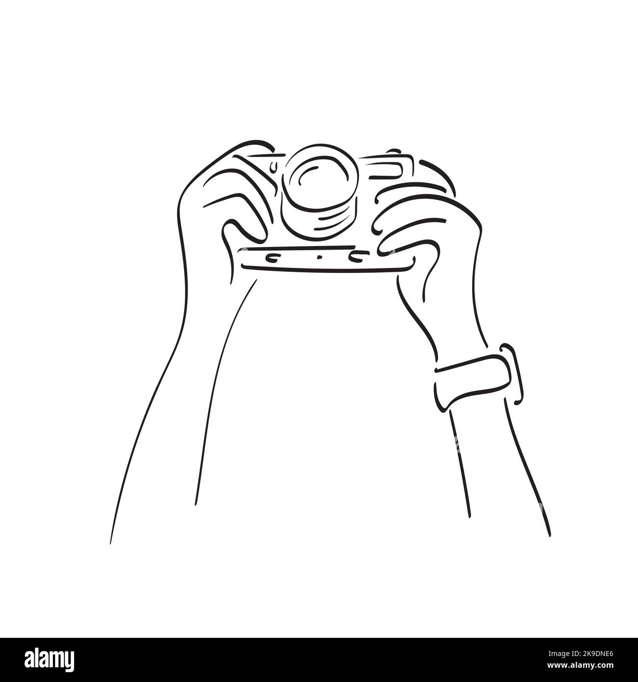 line art closeup hand holding compact camera illustration vector hand ...