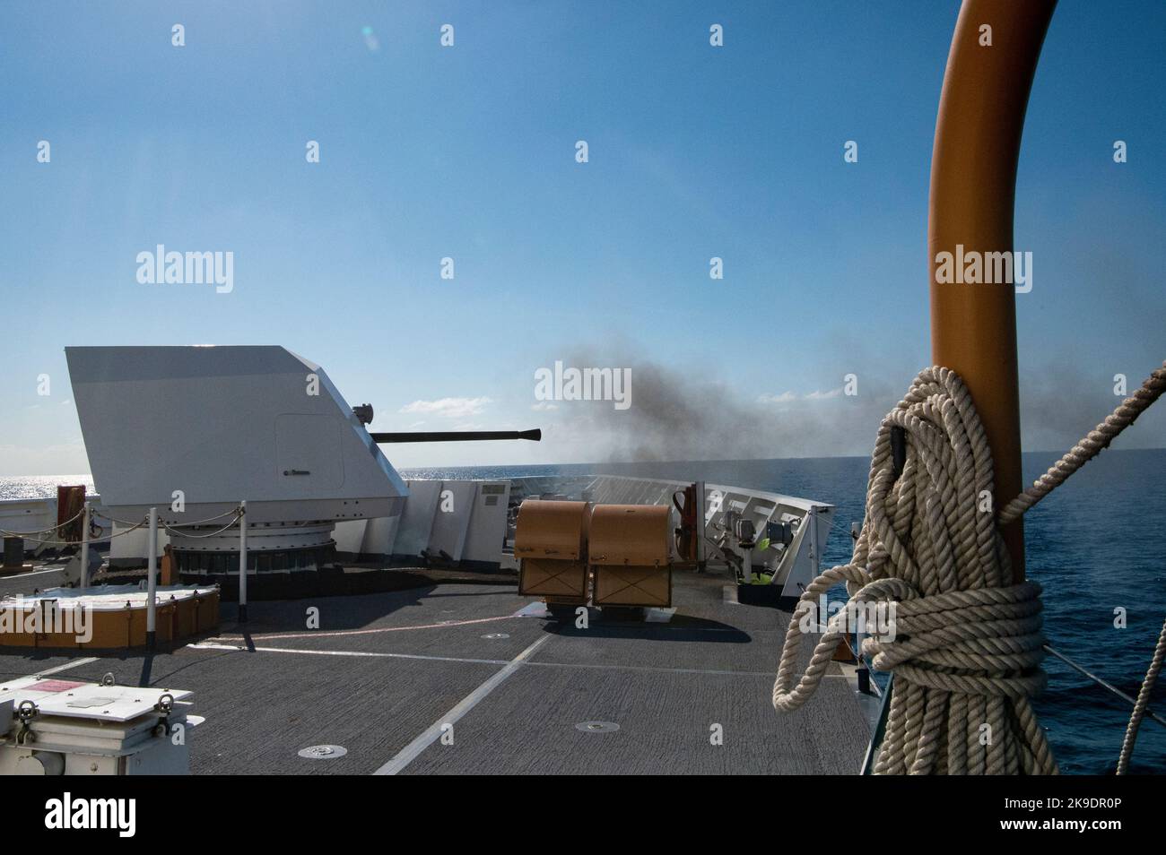 The 57mm Mk 110 gun mount onboard the USCGC Hamilton (WMSL 753) fires ...