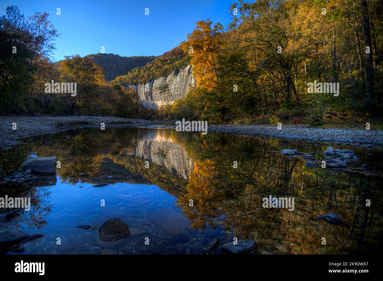 Sunset photo during the autumn as the trees change color at Roark Bluff ...