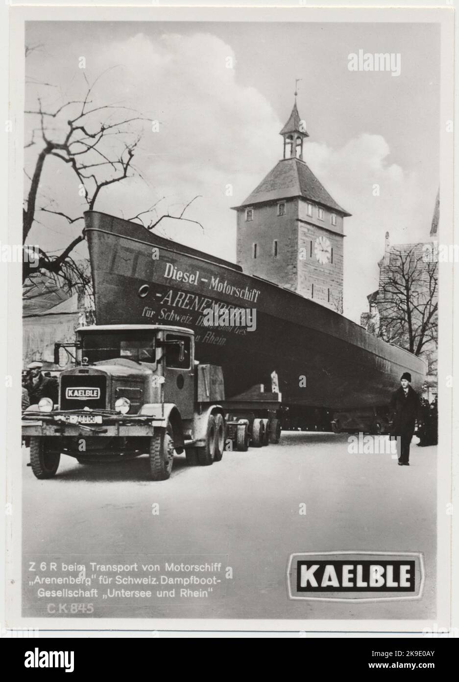 A Kaelble truck transports the Motorship Arenenberg with a trailer ...