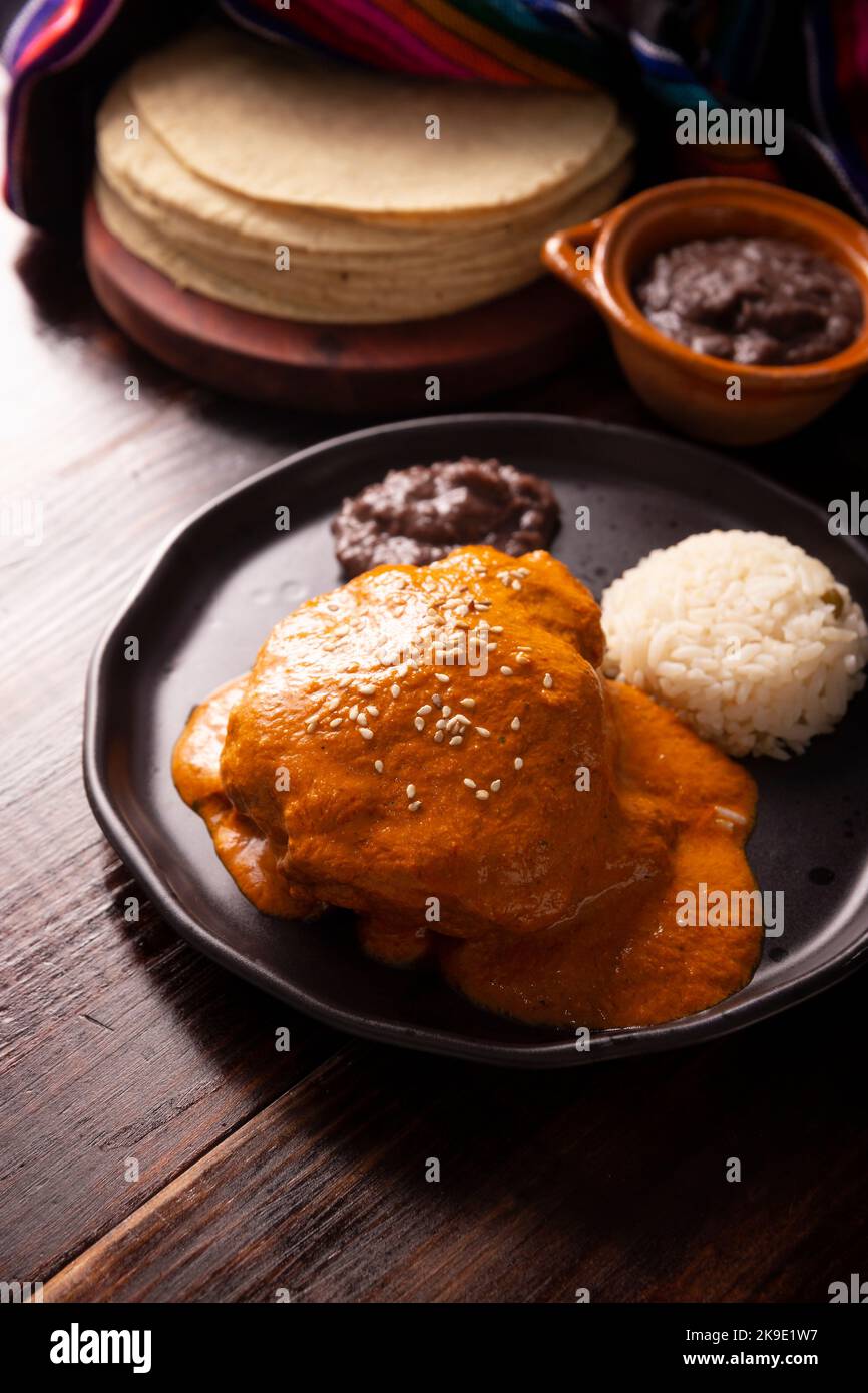 Encacahuatado. Mexican mole made from peanuts, dried chilies, sesame ...