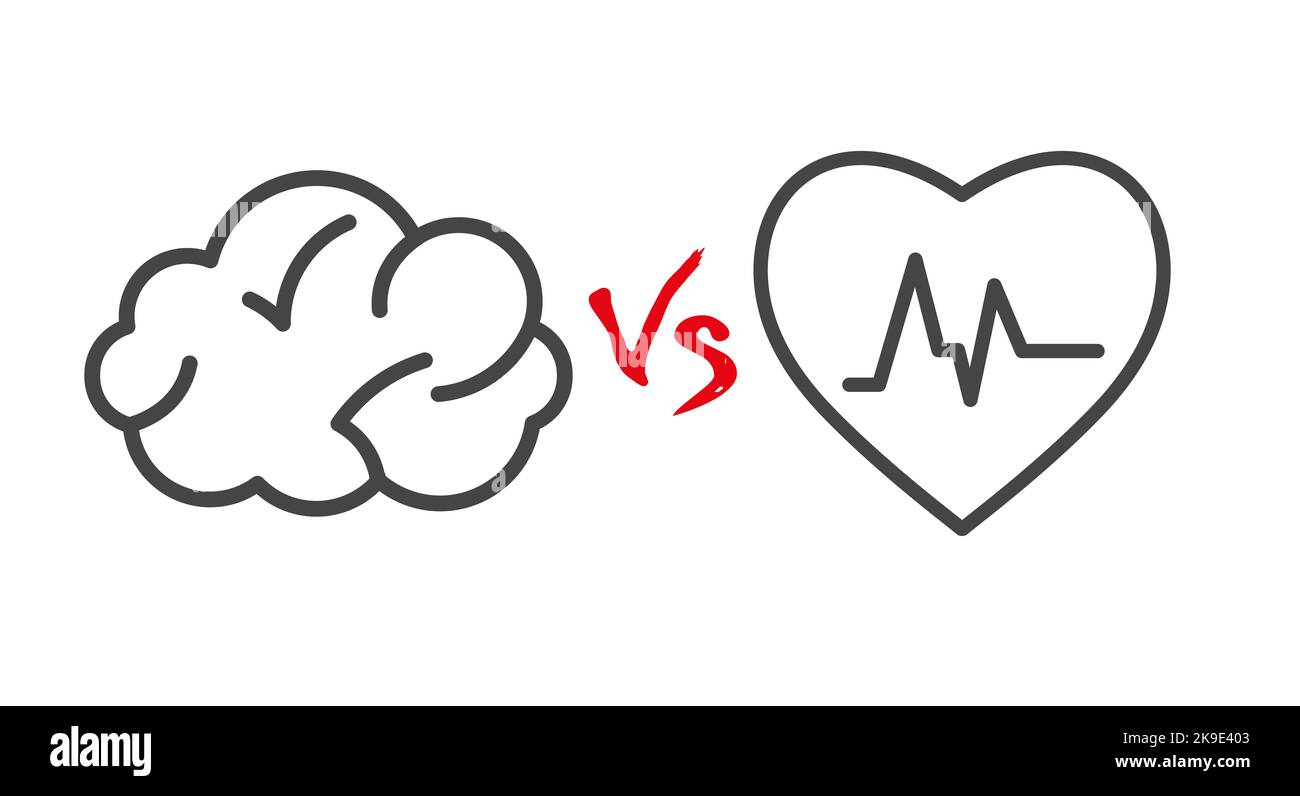 Brain and heart flat icons. Mind versus feelings, reason versus ...