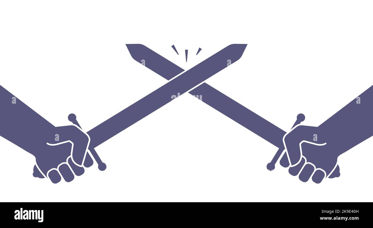 Sword fight. War. Crossed swords in the hands of opponents. The fight ...