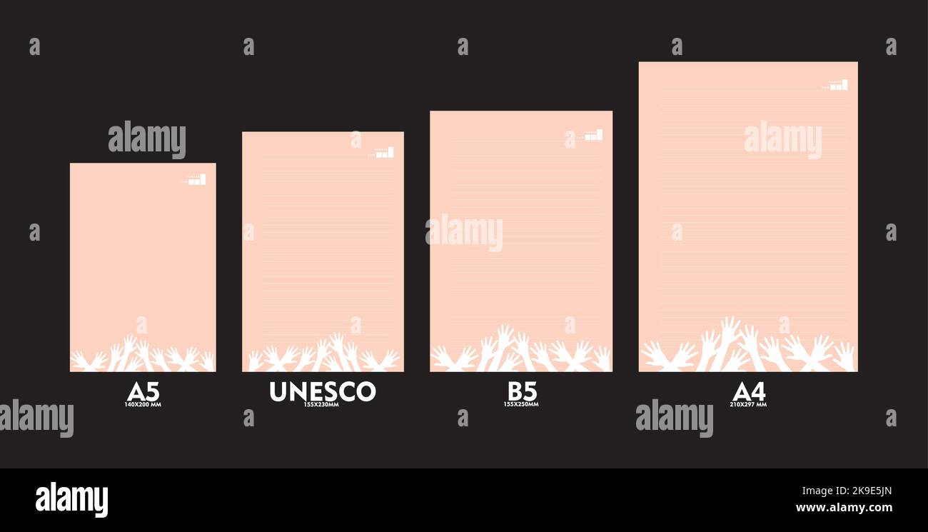 Design of note book refills in sizes A5, A4, B5 and unesco sizes. Ready ...