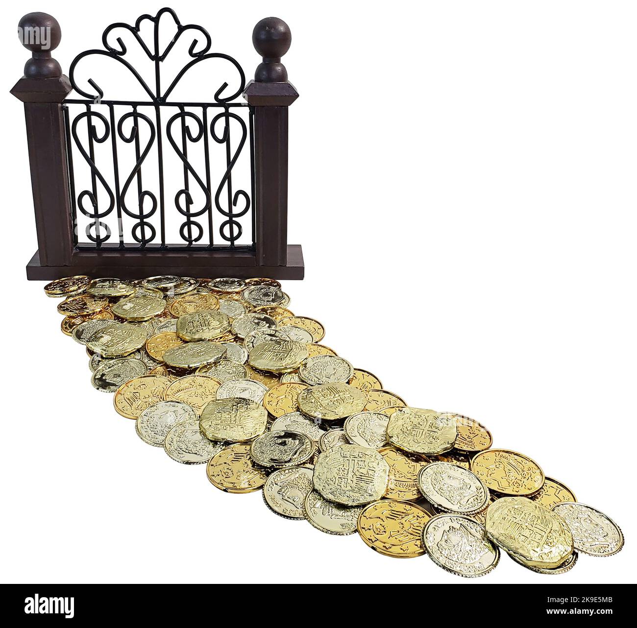 Gold Coins Making an expensive and luxurious Path to a Fence Stock ...