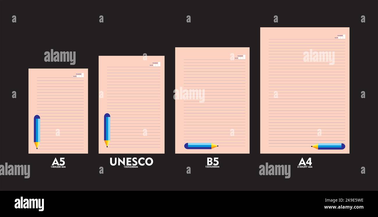 Design of note book refills in sizes A5, A4, B5 and unesco sizes. Ready ...