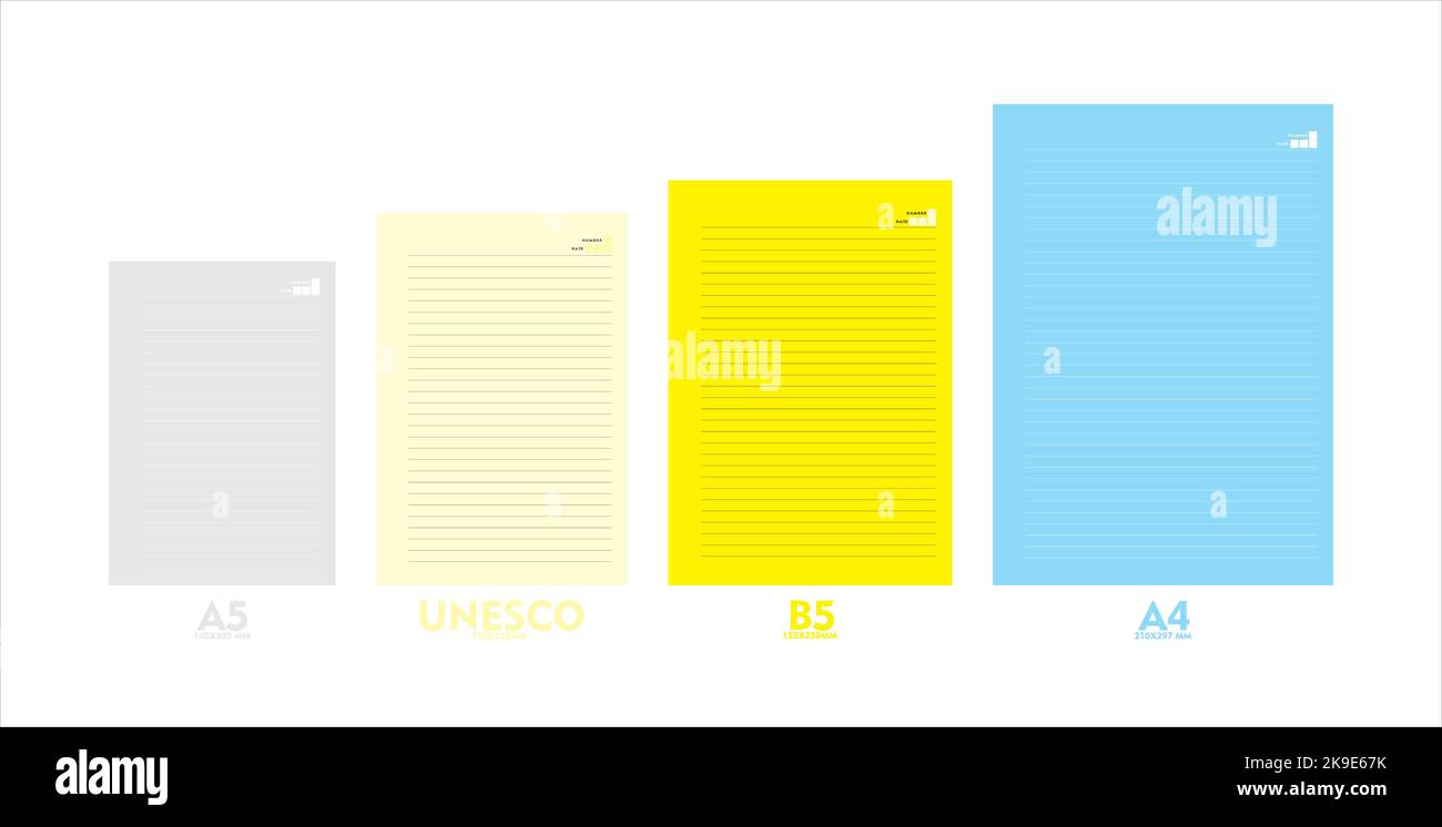 Design of note book refills in sizes A5, A4, B5 and unesco sizes. Ready ...