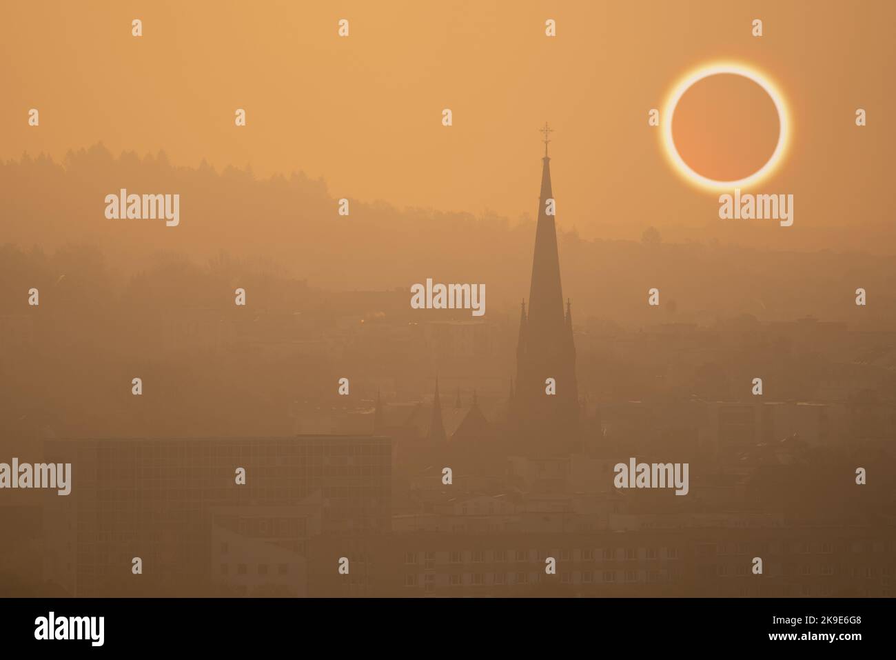 total solar eclipse in early foggy morning on sleeping city Stock Photo ...