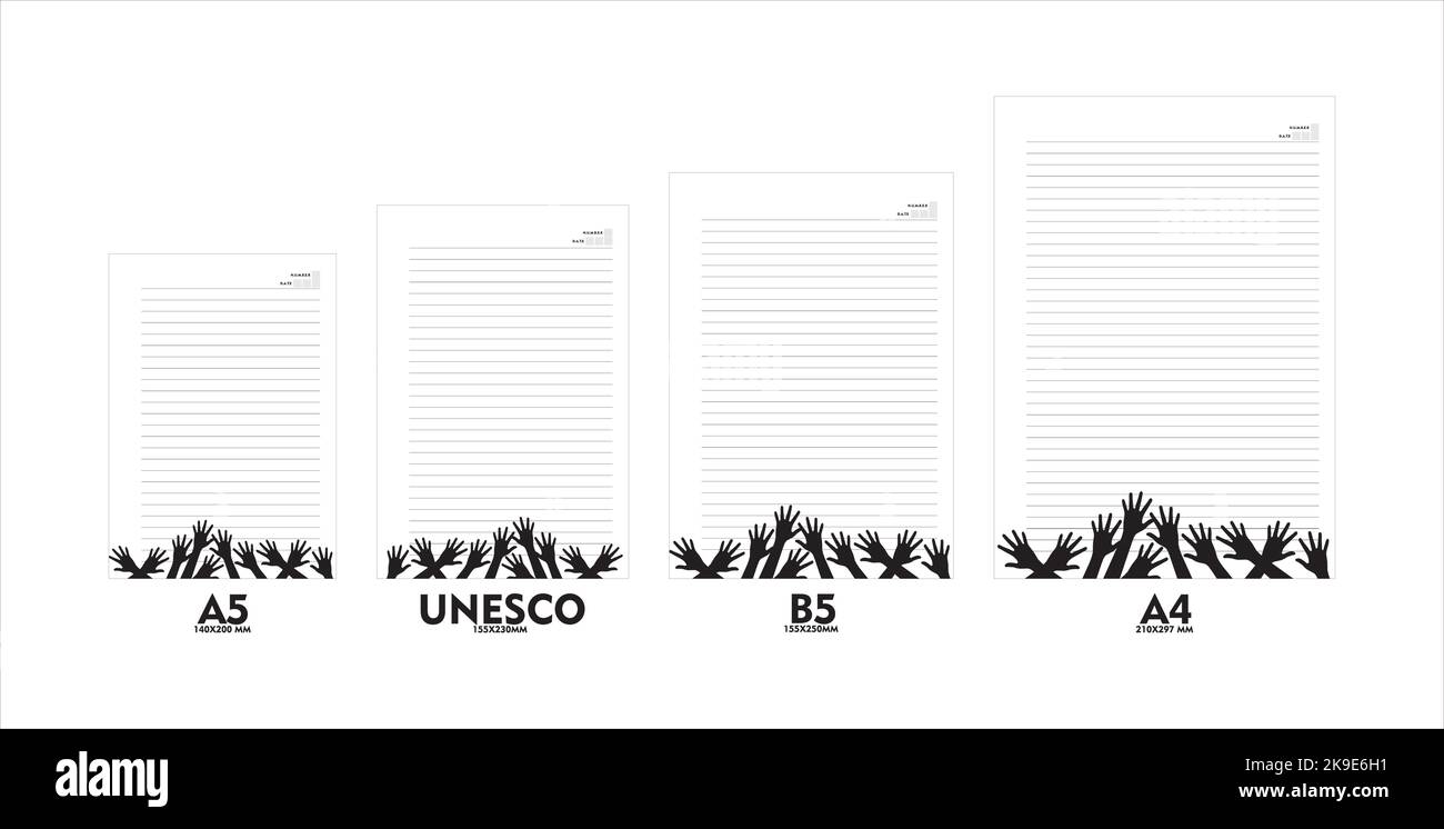 Design of note book refills in sizes A5, A4, B5 and unesco sizes. Ready ...