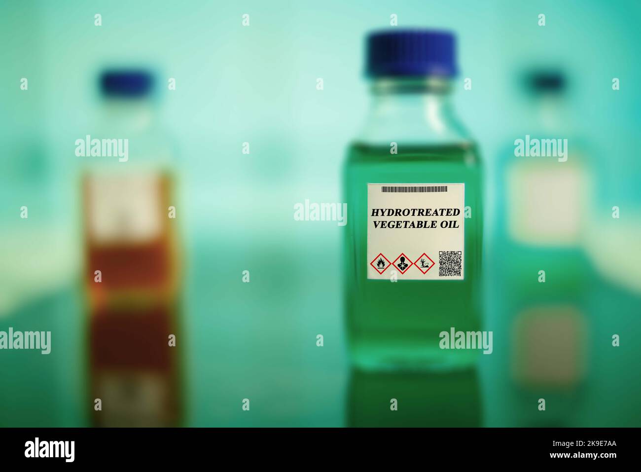 Biofuel in chemical lab in glass bottle Hydrotreated Vegetable Oil ...
