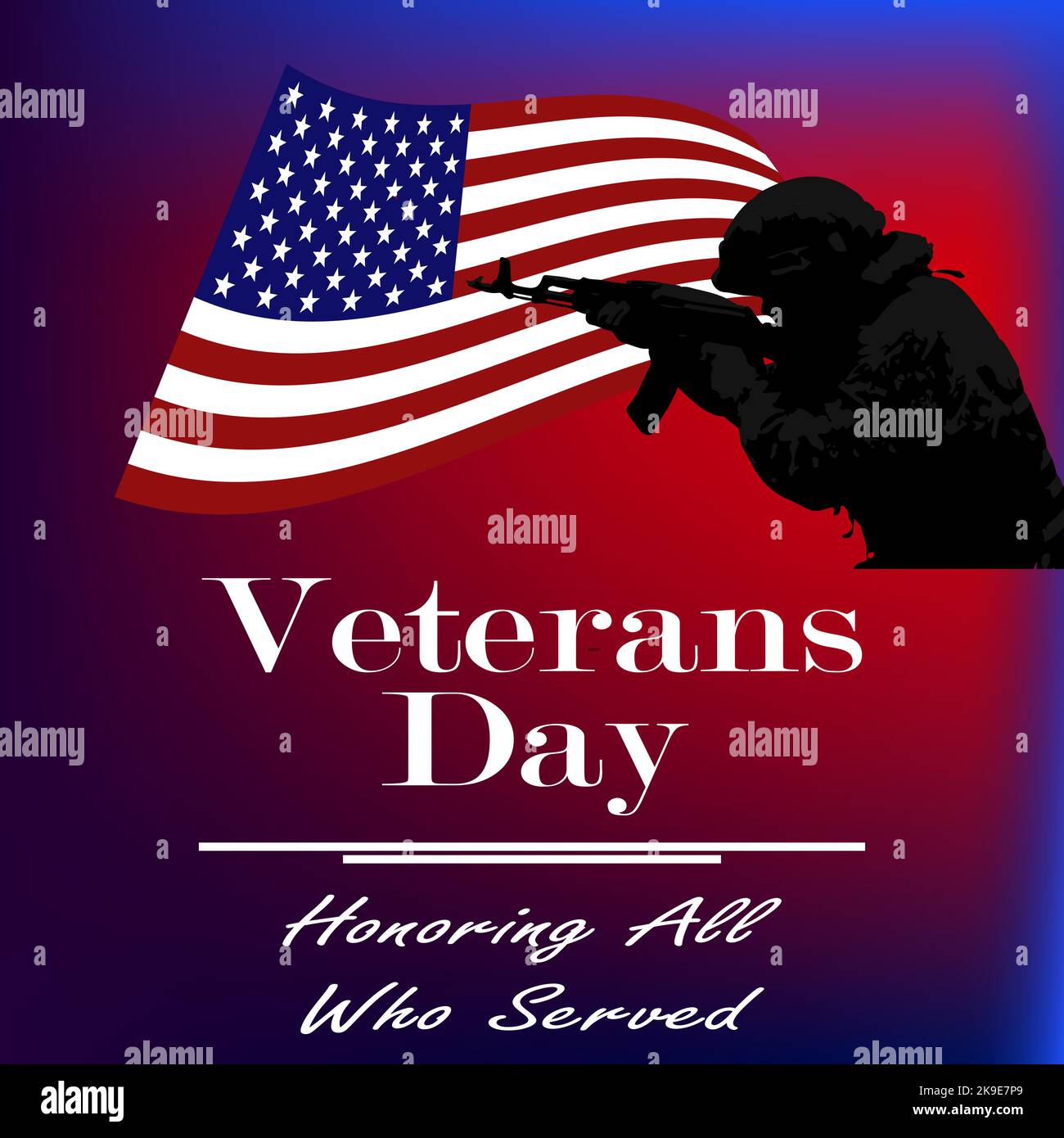 Silhouette of an American soldier on the background of the flag of the ...