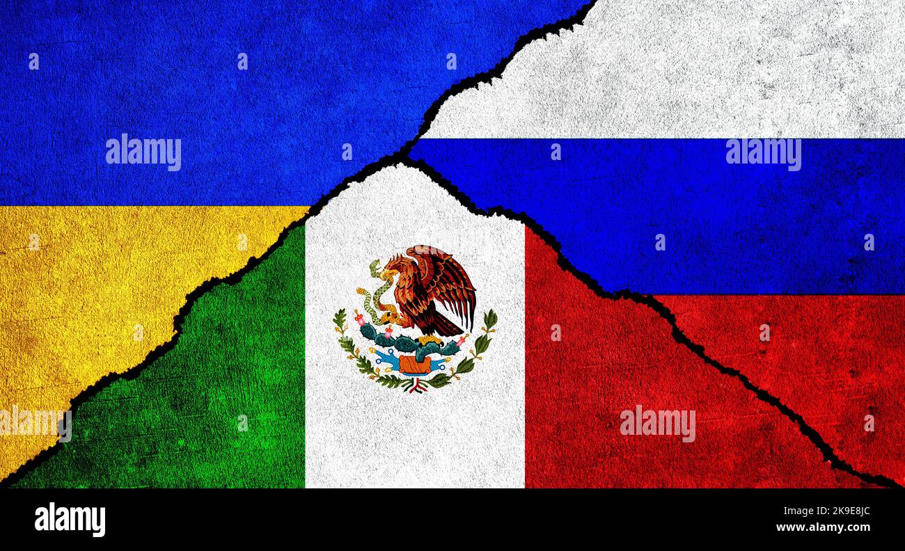 Russia, Ukraine and Mexico flag together on wall. Diplomatic relations ...