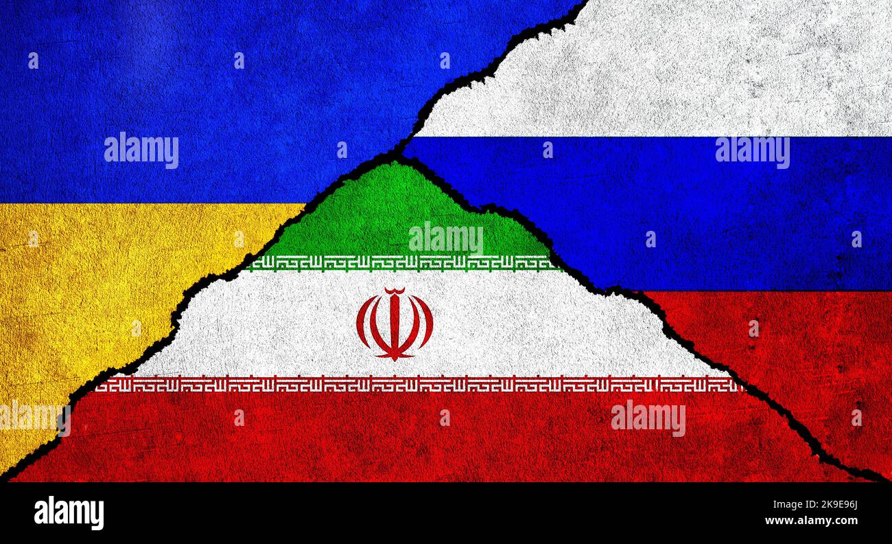 Russia, Ukraine and Iran flag together on wall. Diplomatic relations ...