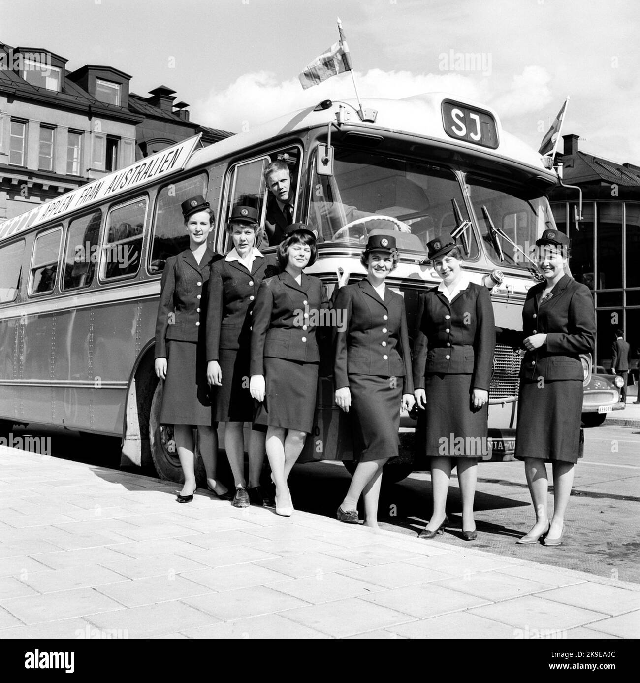 Bus hostesses at Stockholm Central Station. Scania Vabis State Railway ...