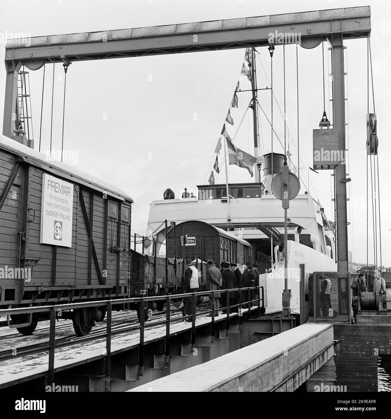 Freight wagons on the ramp to the train ferry State Railways SJ "Starke ...