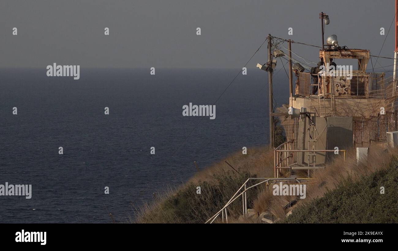 Israeli soldiers stand guard at the military compound of Rosh Hanikra ...