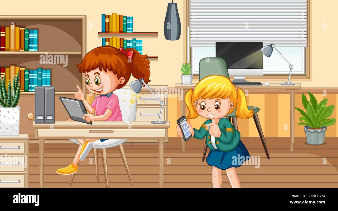 Children using technology devices at home illustration Stock Vector ...