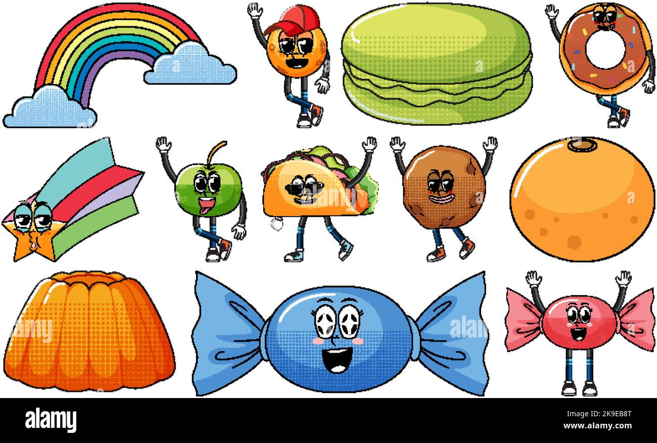 Set of objects and foods cartoon characters illustration Stock Vector ...