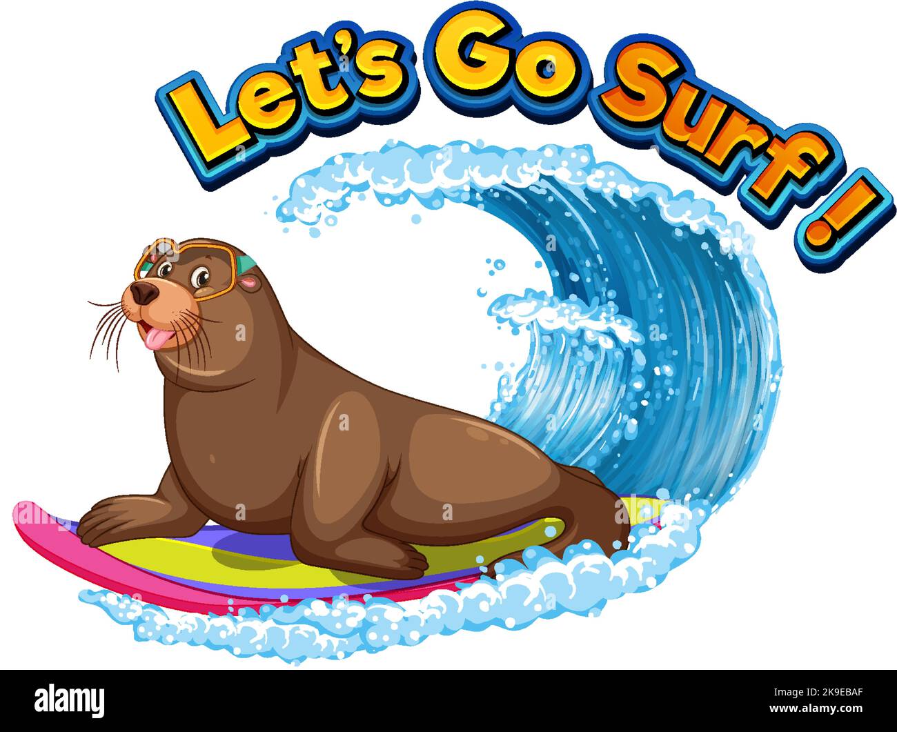 Sea lion cartoon character with lets go surf word illustration Stock ...