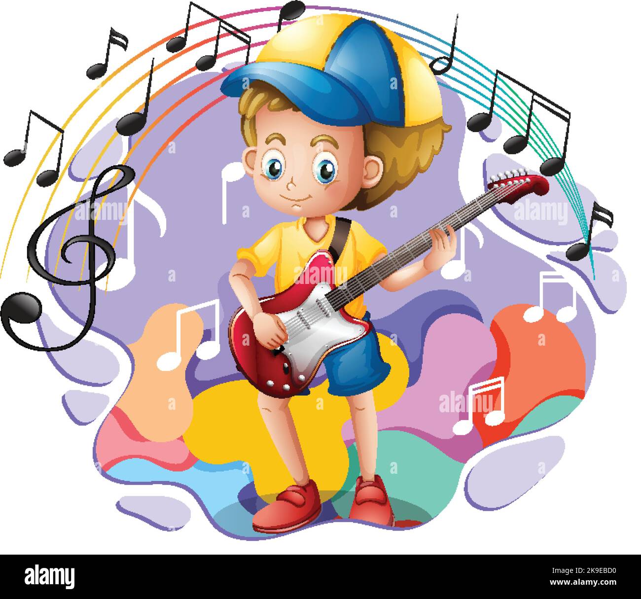 A boy playing guitar and music melody symbols illustration Stock Vector ...