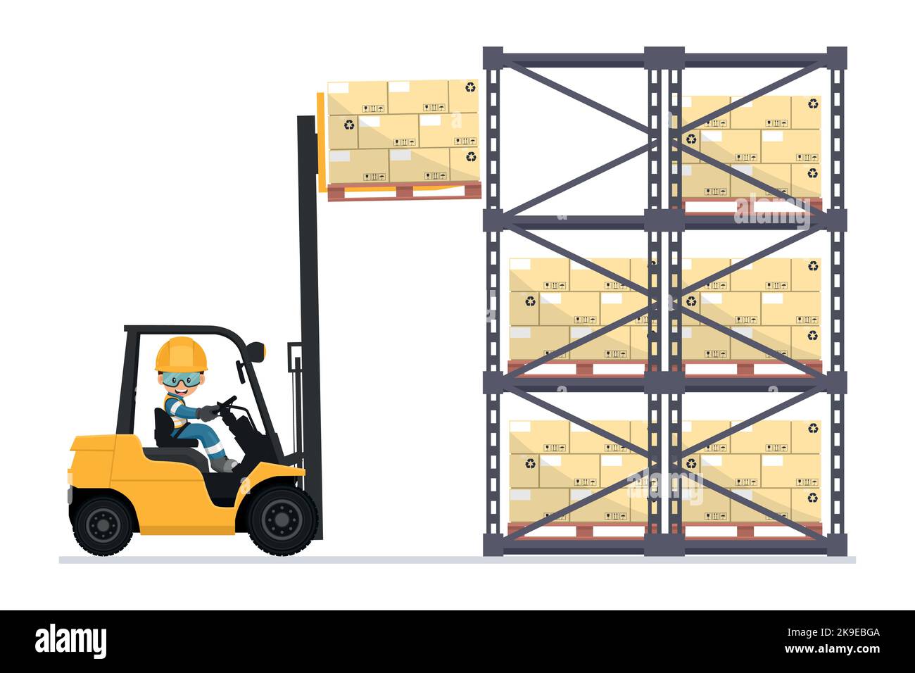 Safely driving a forklift. Fork lift truck lifting pallet with boxes to ...