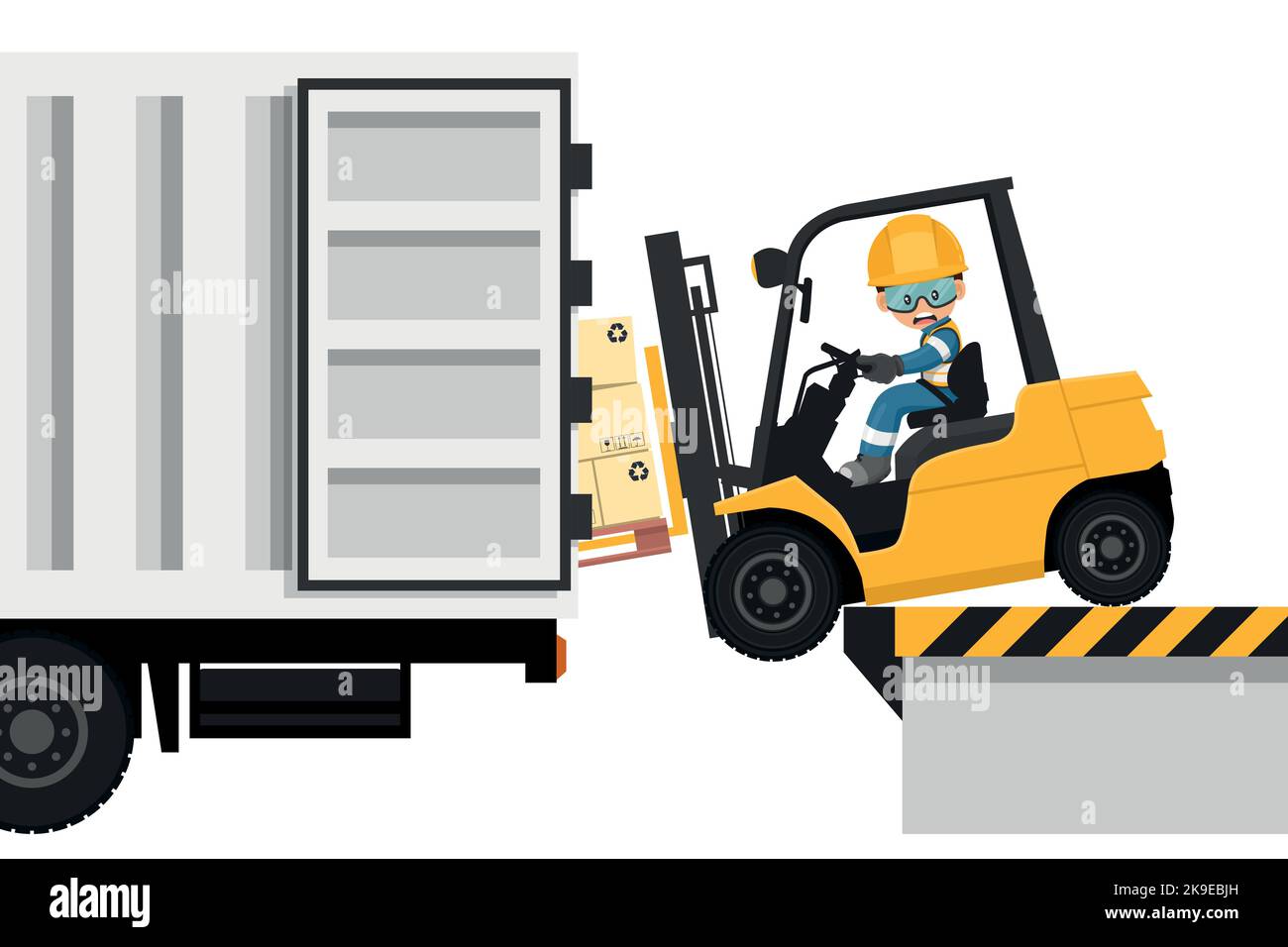 Overturning of forklift loading pallet of boxes to a cargo truck. Stay ...