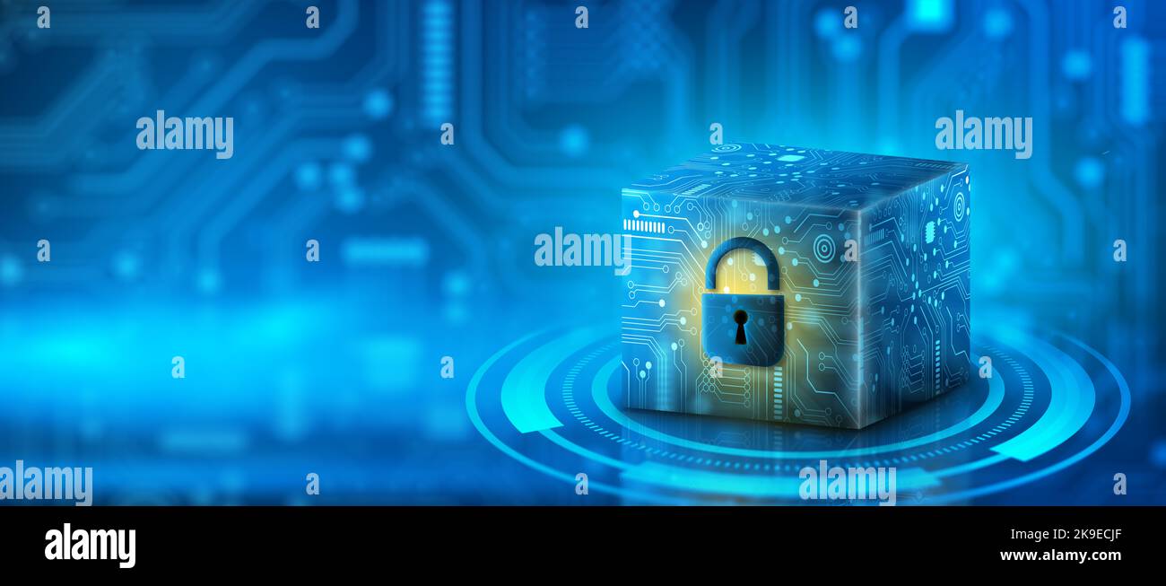 Cube technology on Converging point of circuit with padlock. Blockchain ...