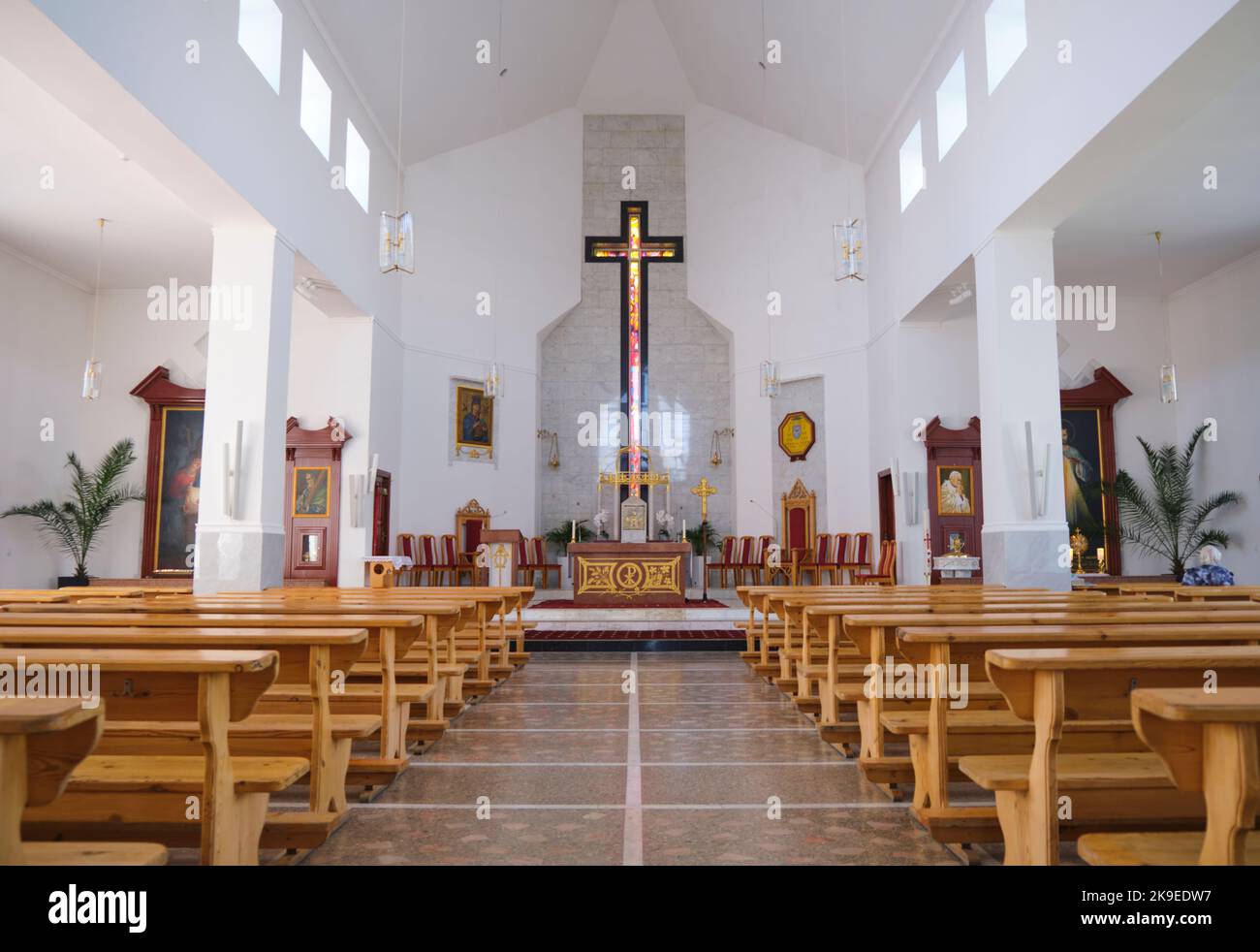 Interior view of the simple, spare, white, modern Catholic church, Our ...
