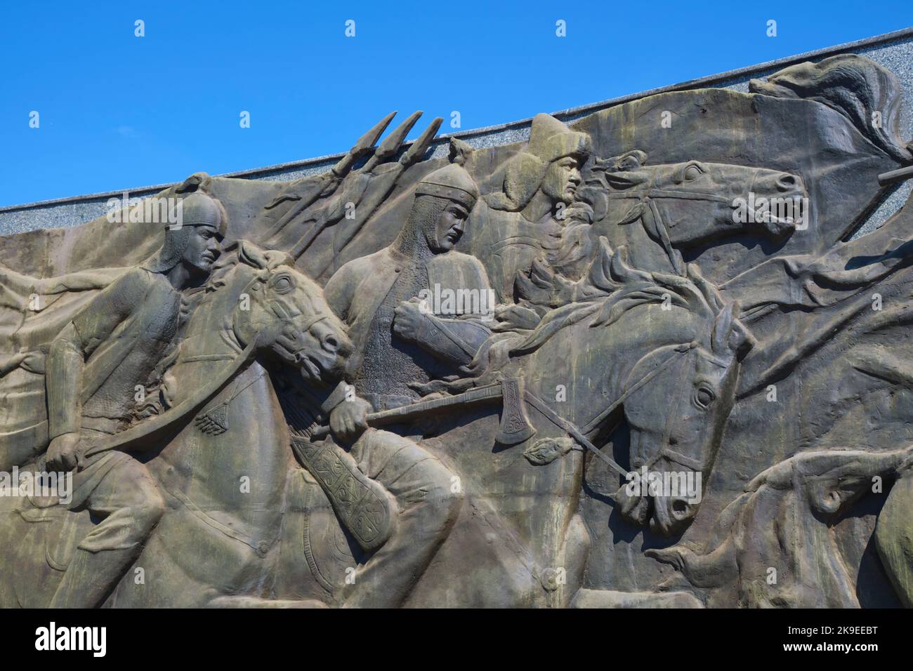 A view of the bronze frieze, depicting ancient Kazakh warriors in battle against their Dzhungar ...