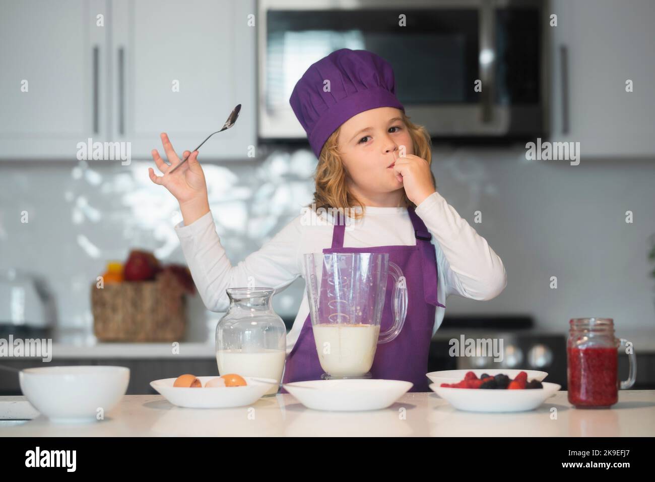 Chef child cooking healthy meal and dinner preparation. Little chef ...