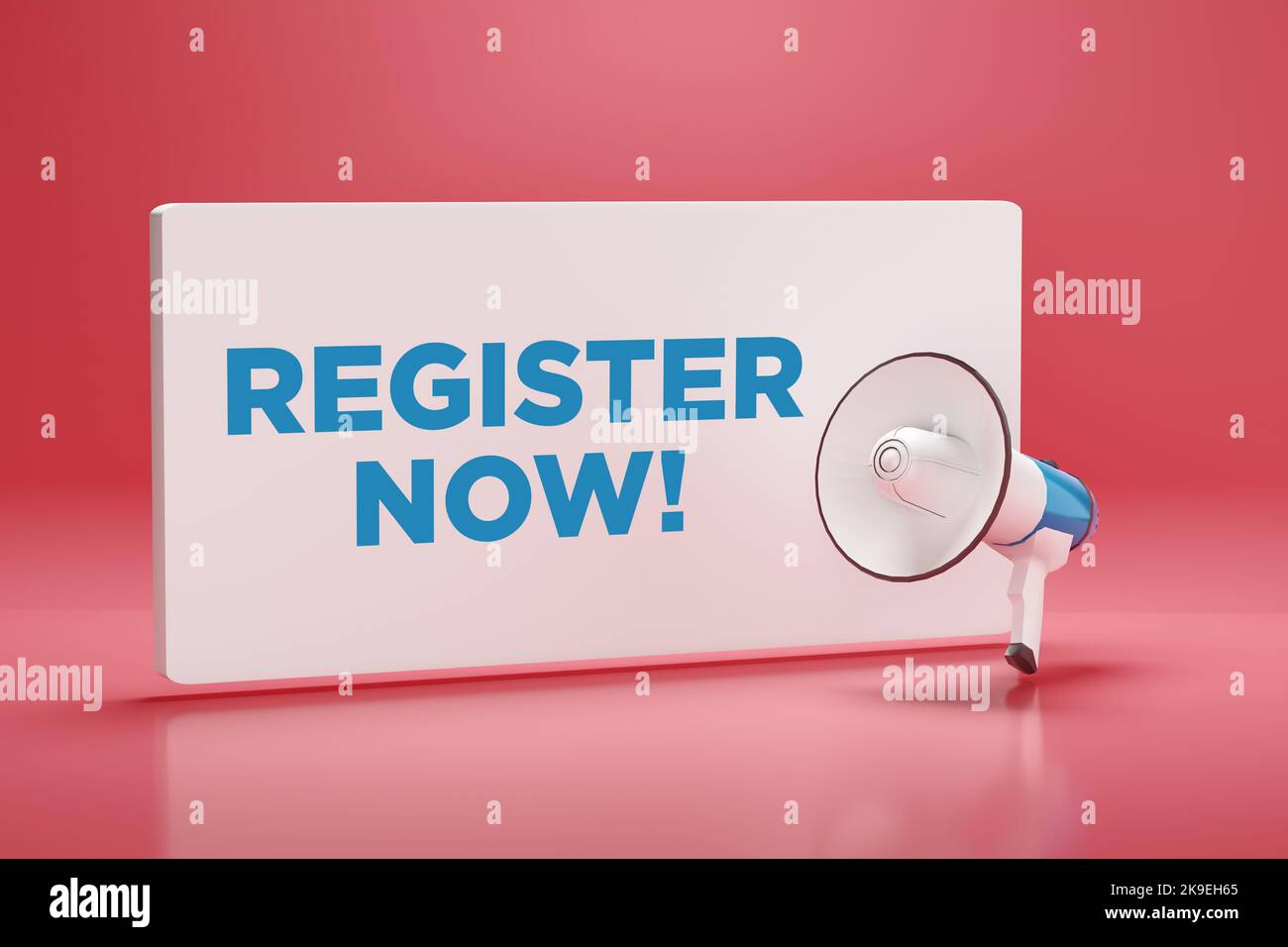 Big sign with the word register now and an announcement megaphone ...
