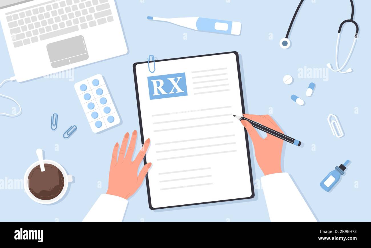 Medical prescription drugs. Therapist writing recipe for patient. Top ...