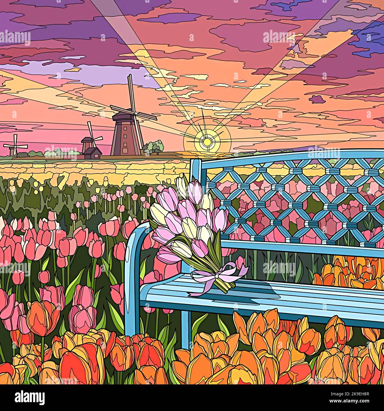 illustration of a sunset view in a flower garden Stock Photo - Alamy