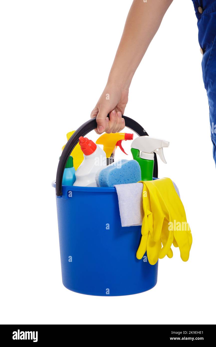 female hand holding blue bucket with cleaning equipment isolated on ...
