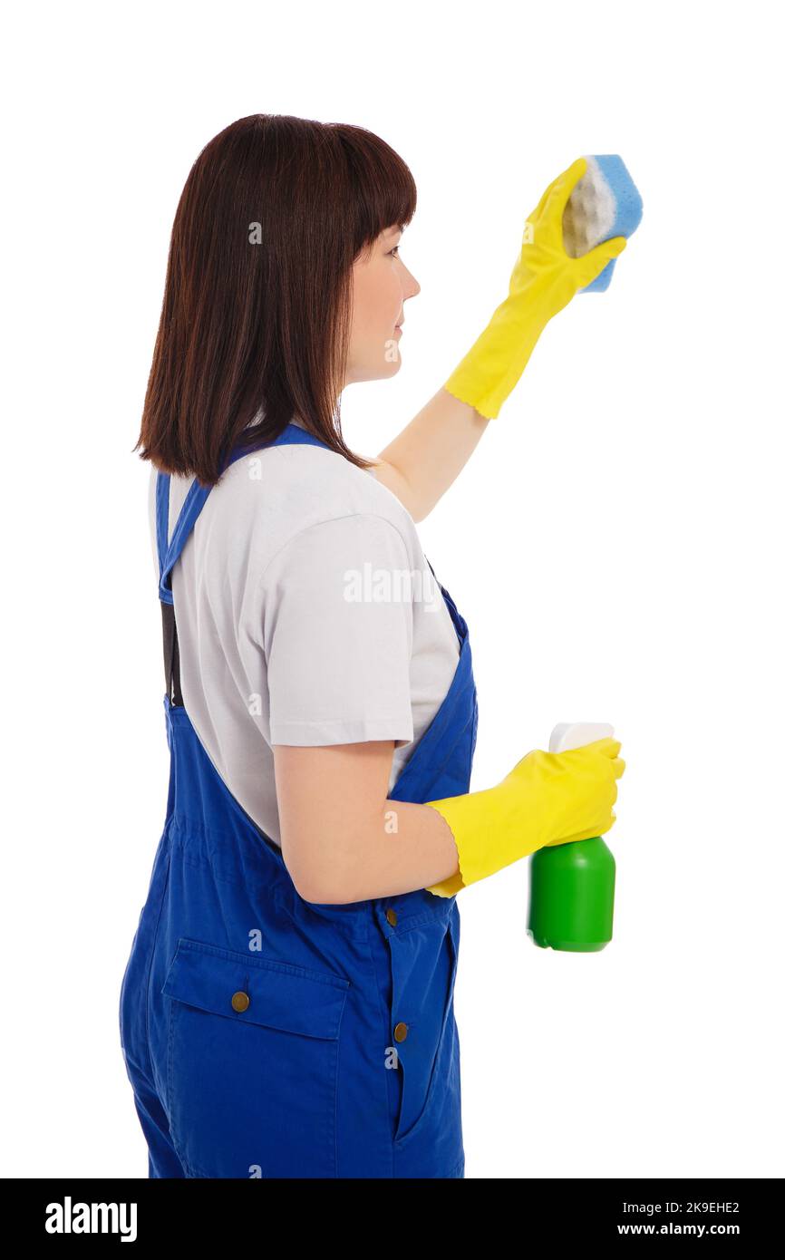 back view of professional female cleaner in blue uniform cleaning ...
