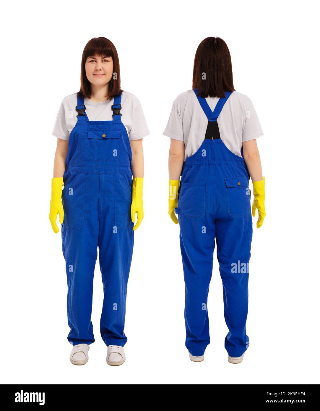 front and back view of young female cleaner in blue coverall uniform ...