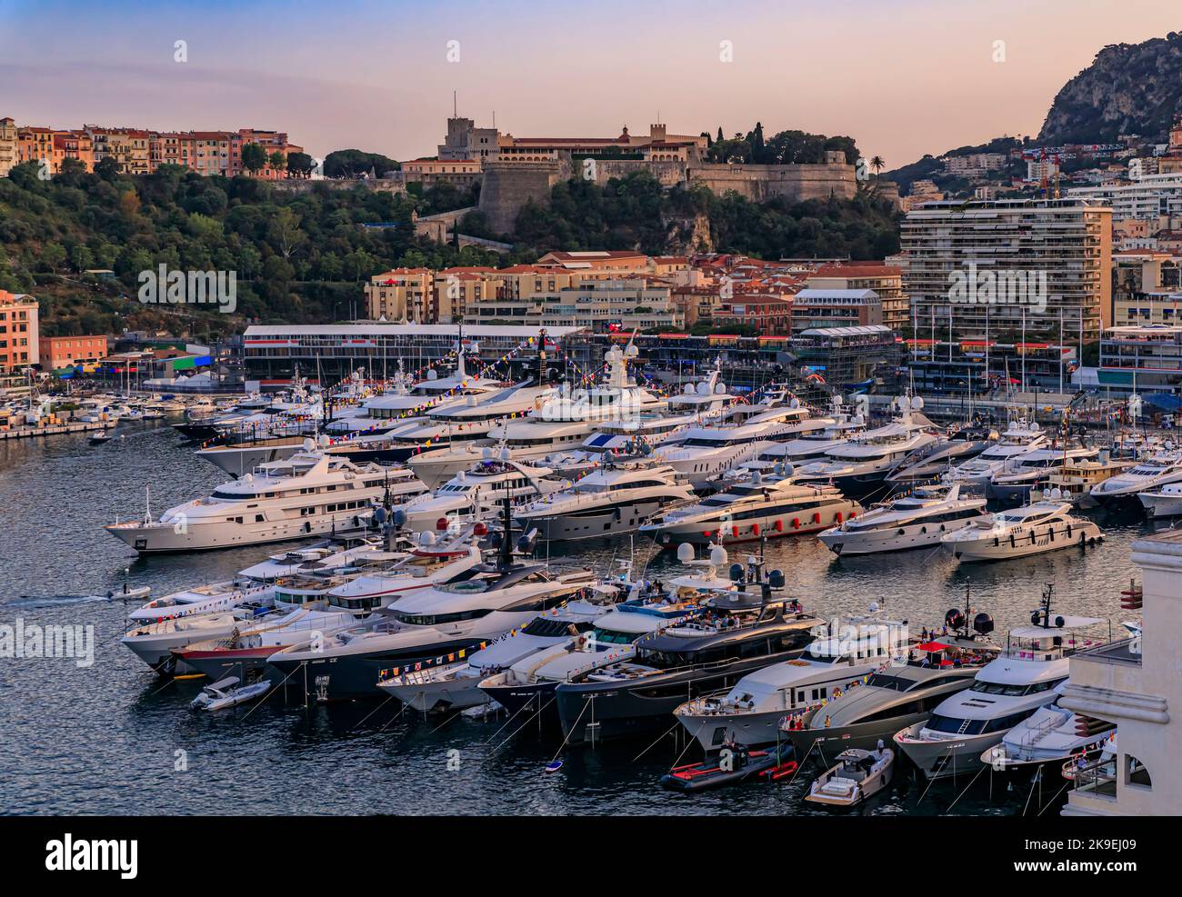 Monte Carlo cityscape and luxury yachts in the harbor of Monaco, Cote d'Azur on the French ...