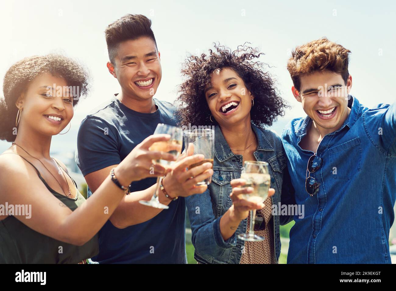 Cheers everyone. Portrait of a group of friends having drinks and ...