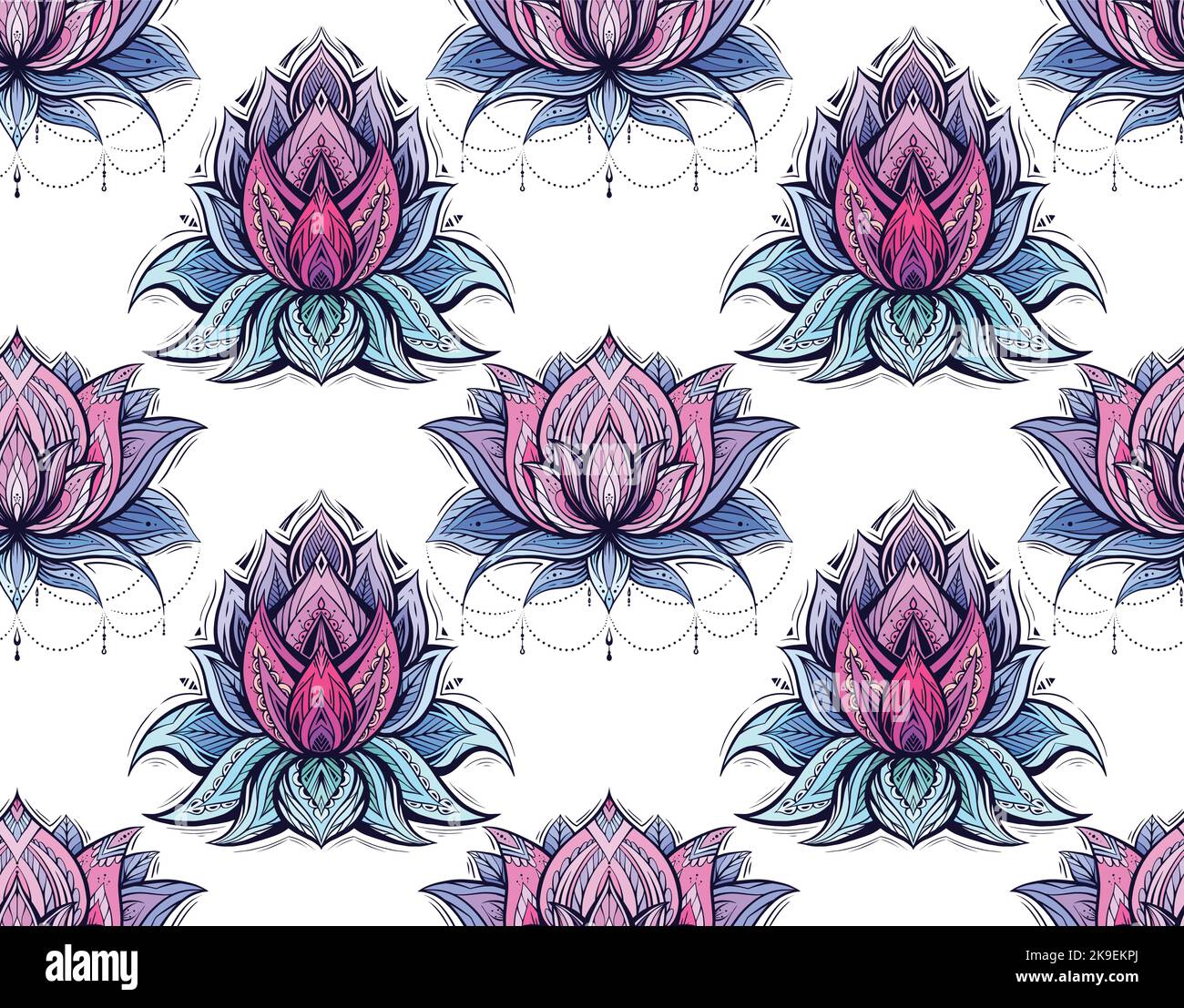 Vector seamless pattern with neon color tribal lotuses on white ...