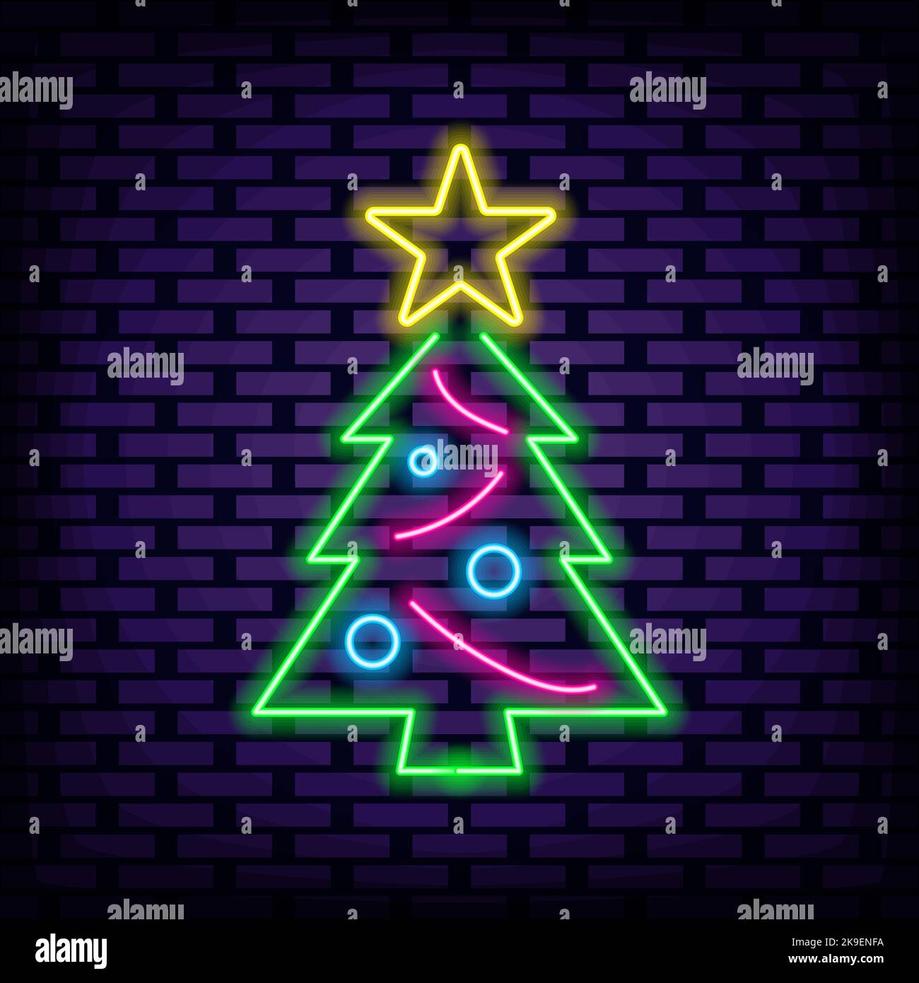 Christmas Tree Badge in neon style. On brick wall background ...