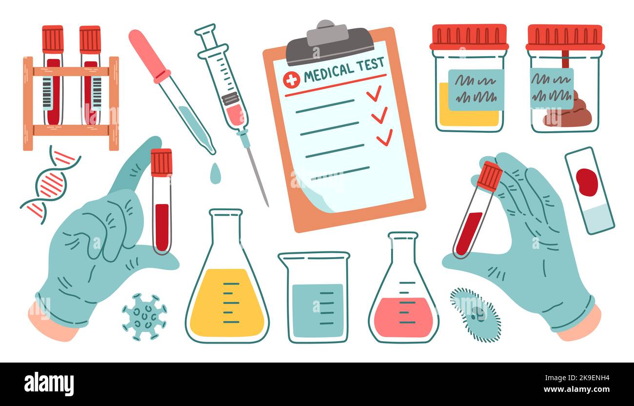 Medical tests illustration set. Chemical testing patients urine, fecale ...