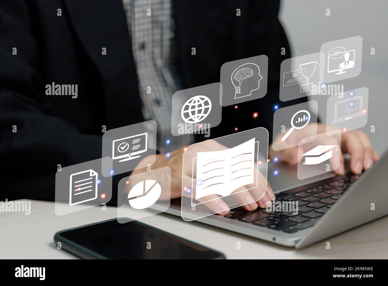 Businessman using laptop computer icon virtual screen education online ...