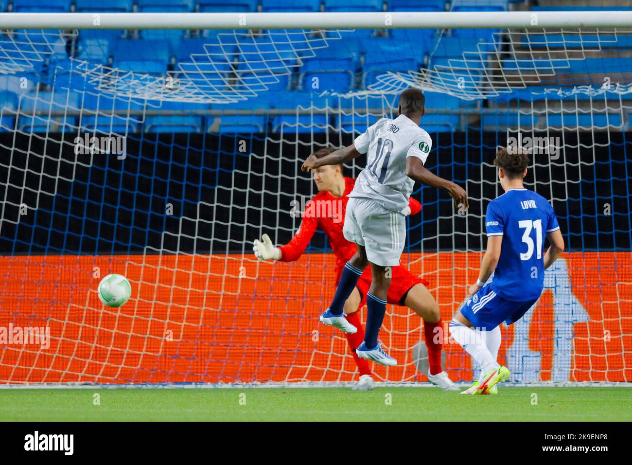 Molde 20221027.Djurgaarden scoring by Joel Asoro on Molde's goalkeeper ...